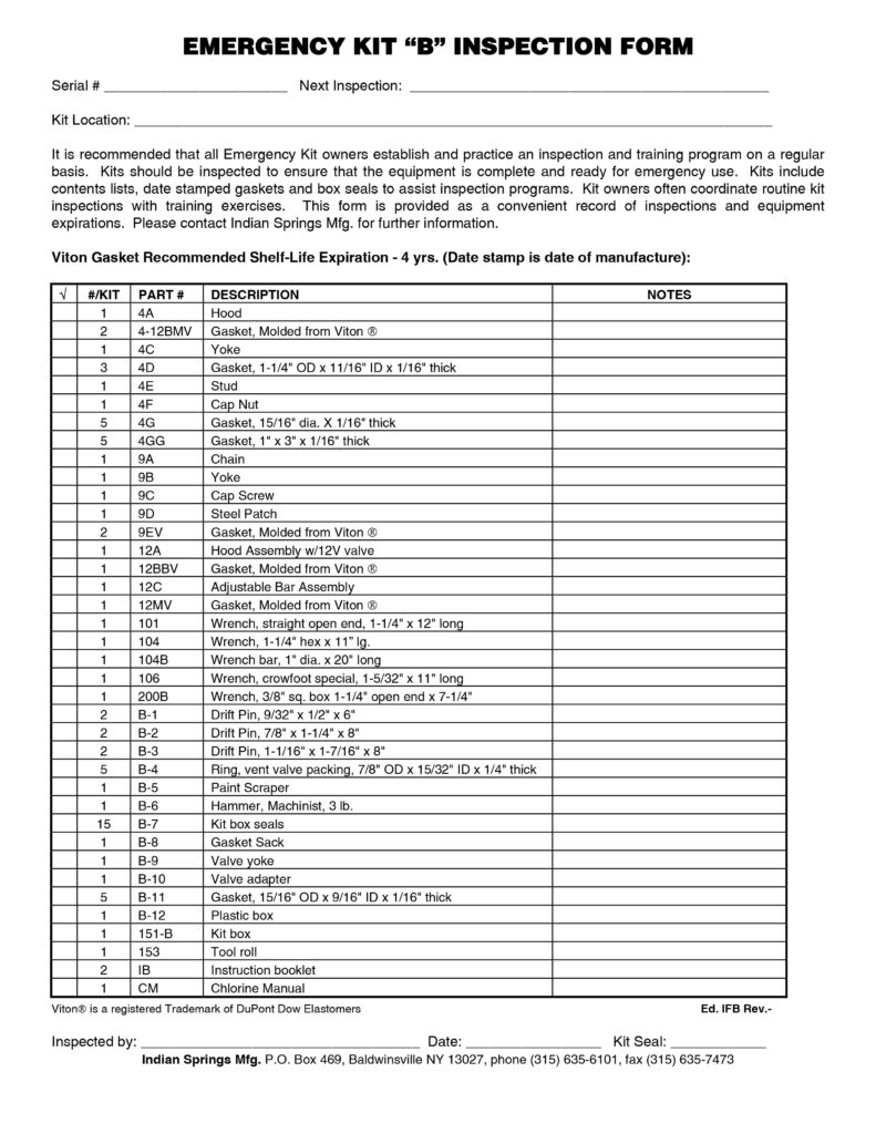 Kit B Inspection Sheet Pre-2014 | Indian Springs Manufacturing